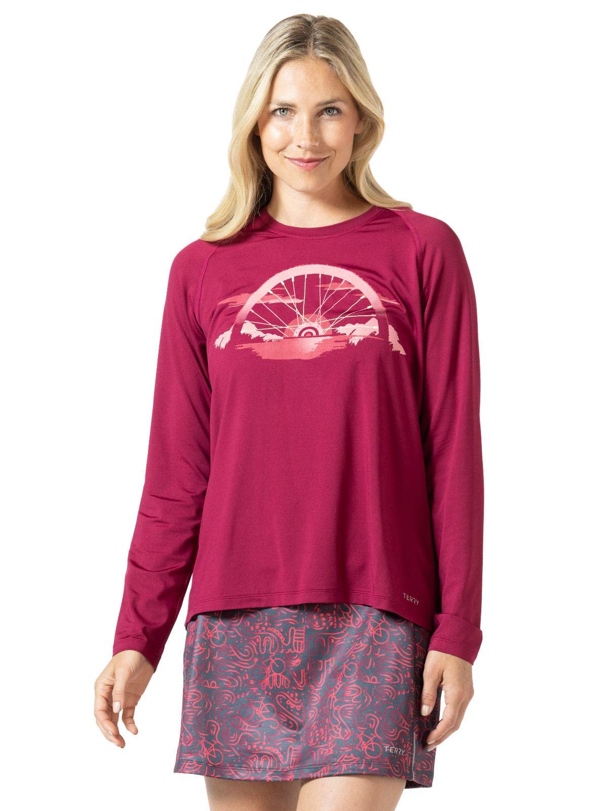 Terry Tech Tee Long Sleeve Flow Bike Top, Women's UPF 50+ Crew Neck Casual Cycling Shirt, Relaxed Fit - Anemone | Sunset, Large