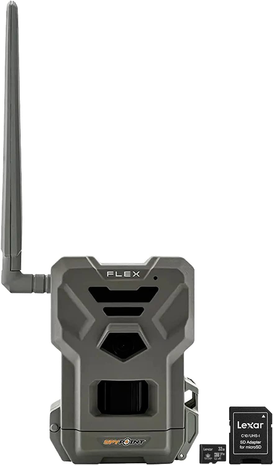 SPYPOINT Flex Dual-Sim Cellular Trail Camera 33MP Photos 1080p Videos with Sound and On-Demand Photo/Video Requests - GPS Enabled with Lexar 32GB Micro SD Card (1 Pack)
