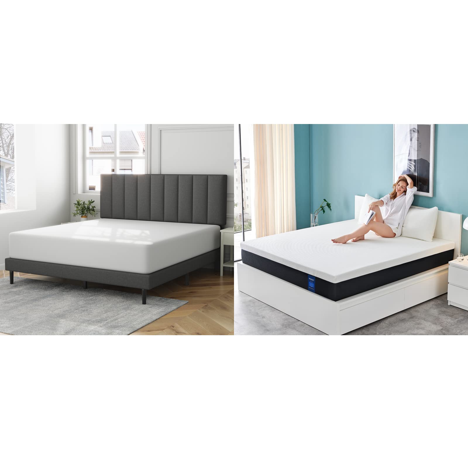 Molblly 10 Inch Queen Memory Foam Mattress + 42 Inch Platform Bed Frame (Grey)…