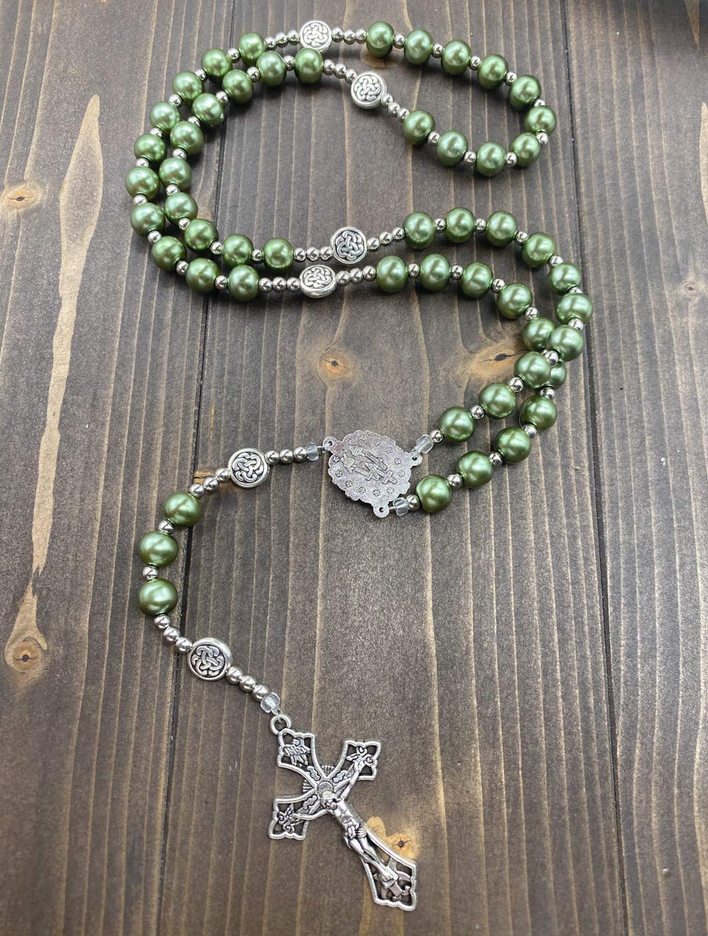 Nazareth Store Green Beads Rosary Necklace Catholic Pearl Beads Rosary with Miraculous Medal and Cross Crucifix