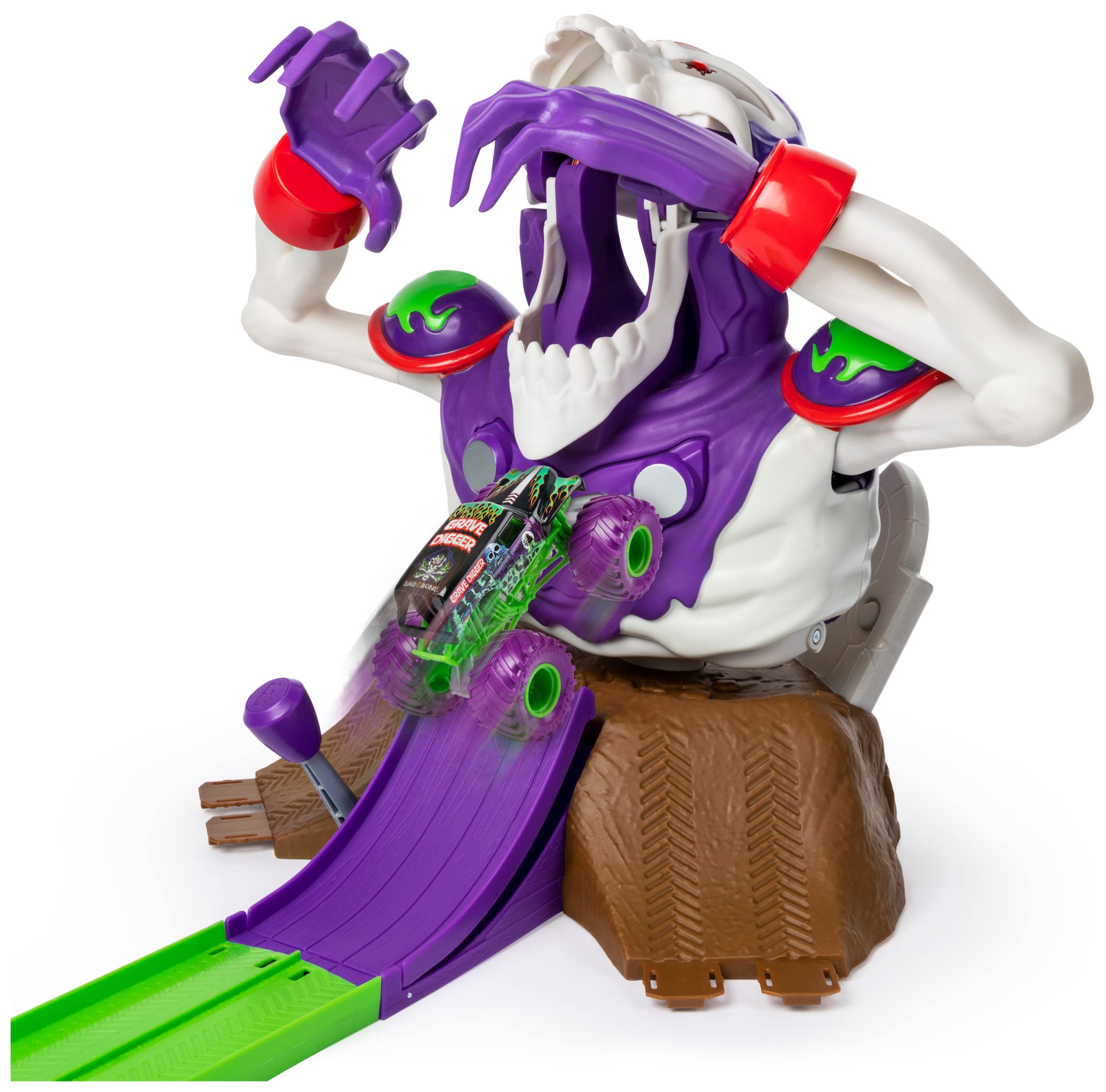 Monster Jam, Grim Takedown Playset with Lights and Sounds, Featuring Exclusive 1:64 Scale Die-Cast Grave Digger Monster Truck