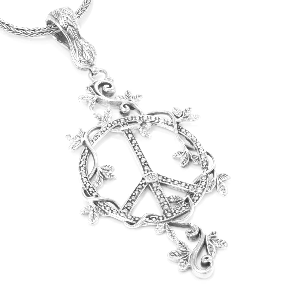 SARDA - .925 Sterling Silver Flat Jawan & Leaves Openwork Peace Promise 3-5/8" x 1-5/8" Enhancer Pendant - Handmade by Bali Artisans
