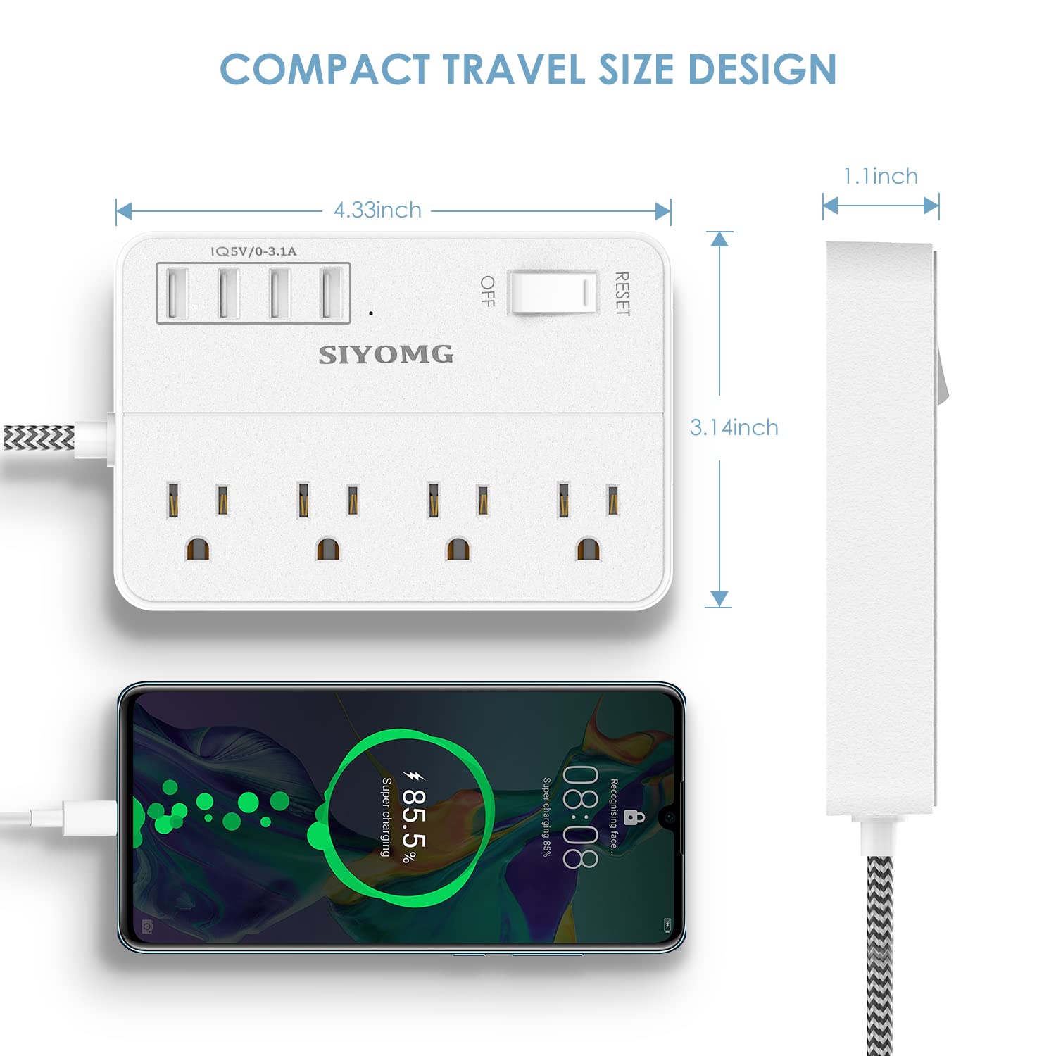 SIYOMG Power Strip, 5 FT Braided Extension Cord with Flat Plug, 4 Widely AC Outlets and 4 USB Ports, Charging Station for Dorm Home Office Travel, White