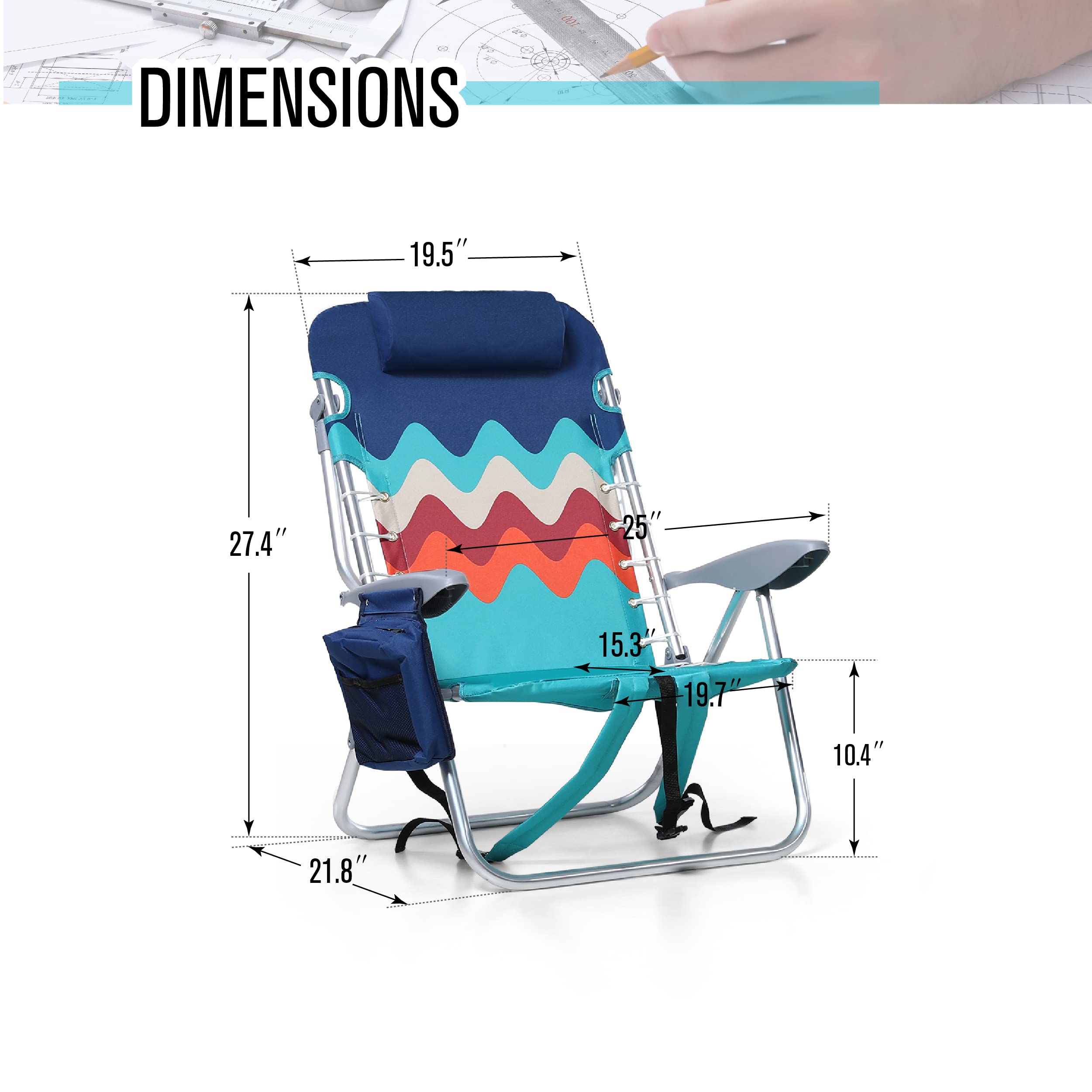Sophia & William 4-Position Backpack Folding Beach Chair with Cooler Bag, (2-Pack) Lightweight Beach Cahir with Towel Bar, Supports 250 LBS