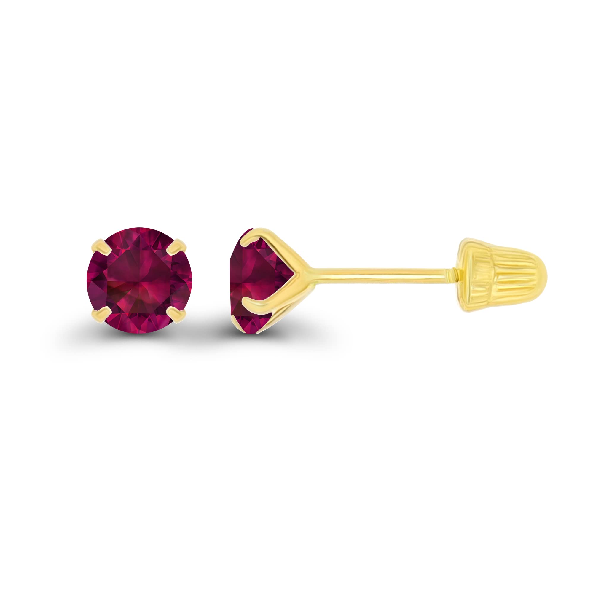 Solid 14K Yellow Gold 4mm Round Created Red Ruby July Birthstone Solitaire Ball Screw Back Stud Earring