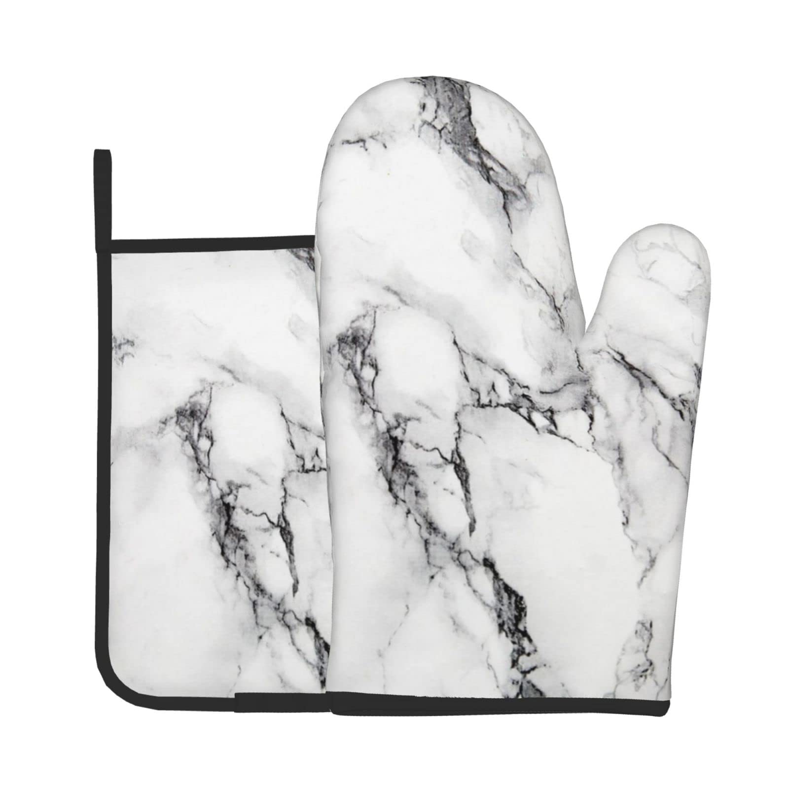 Simple White Marble Stone Funny Oven Mitt and Pot Holders Set Heat Resistant for Kitchen Cooking Baking Grilling Waterproof Non-Slip Thick Oven Gloves
