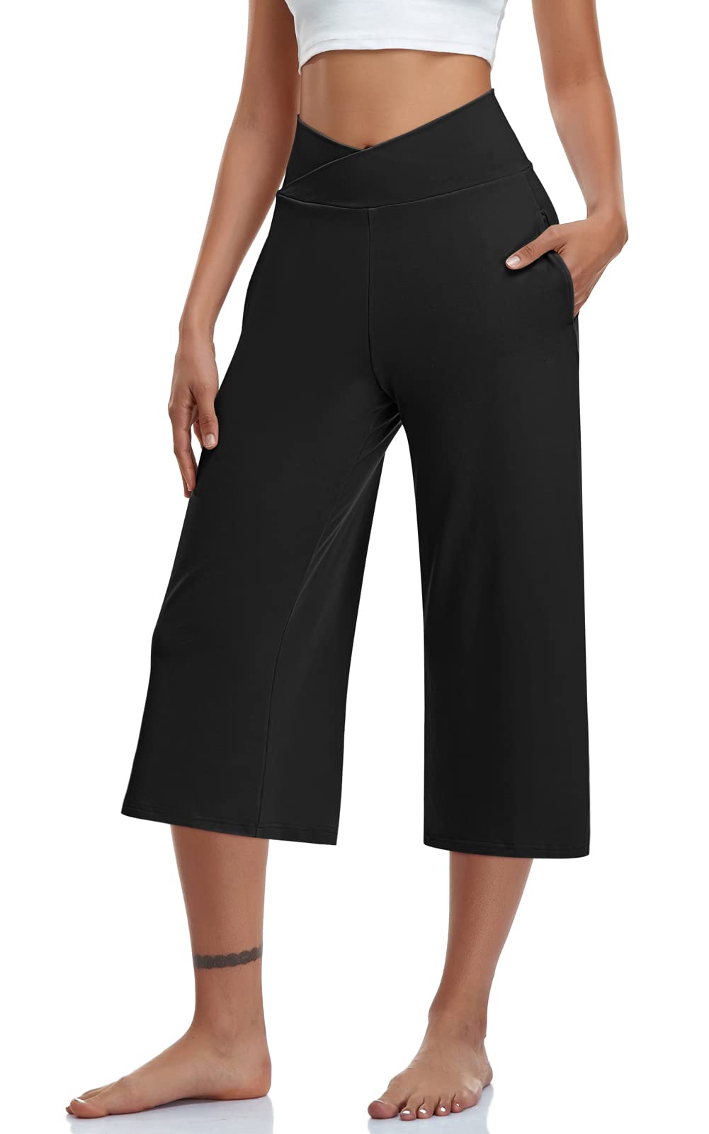 TARSE Womens Casual Wide Leg Yoga Capris Plus Size Crossover High Waist Capri Pants Loose Soft Pajama Pockets Sweatpants(Black,XXL 2XL)