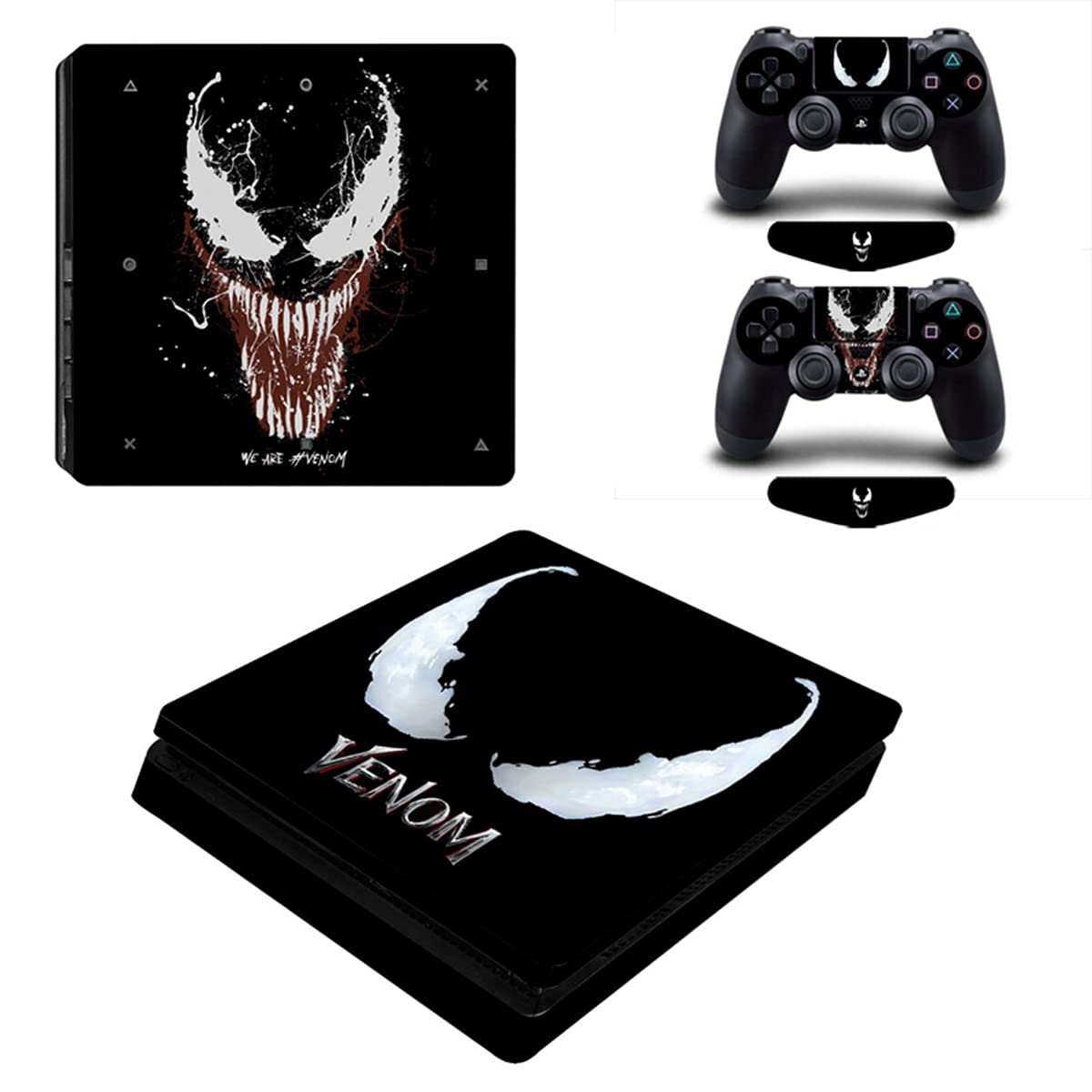 PS4 Slim Skin Sticker for Console and 2 DualShock Controllers Full Wrap Vinyl Decal Protective Cover Faceplate for Venom Compatible with Sony PS4 Slim, Black