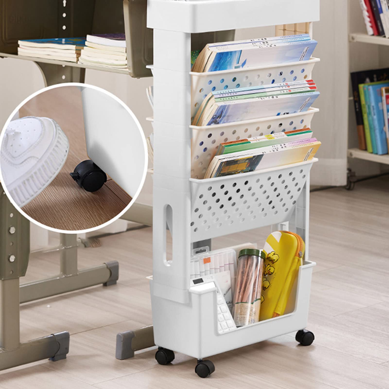 Movable Bookshelf Cart, 5 Tier Metal Rolling Cart, Multifunctional 5 Tier Rolling Cart Storage Organizer with Wheels, Storage Cart for Kitchen, Bathroom, Living Room, Office (White)