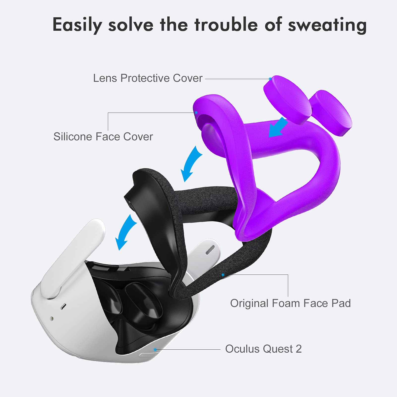 Silicone Face Cover for Oculus Quest 2 & Lens Protective Cover 2 Pairs, EWalos VR Headset Cover Replacement Accessories, Reduce Face Pressure, Sweatproof and Enhance Comfort(Black+Purple)