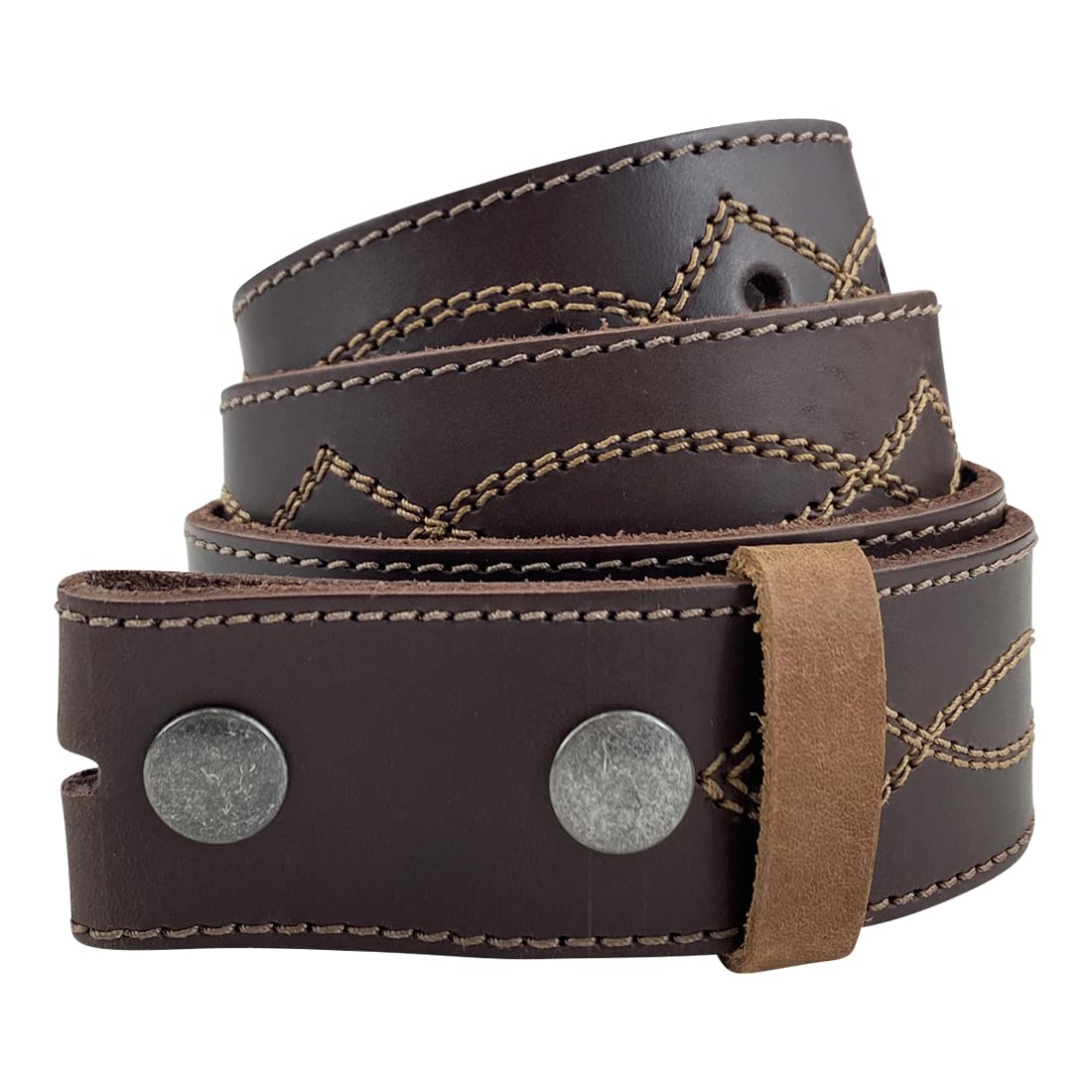 Western Leather Works, Rustic No Buckle Belt with Cowboy Stitching Handmade from Full Grain Leather - Snap On Belt (34)