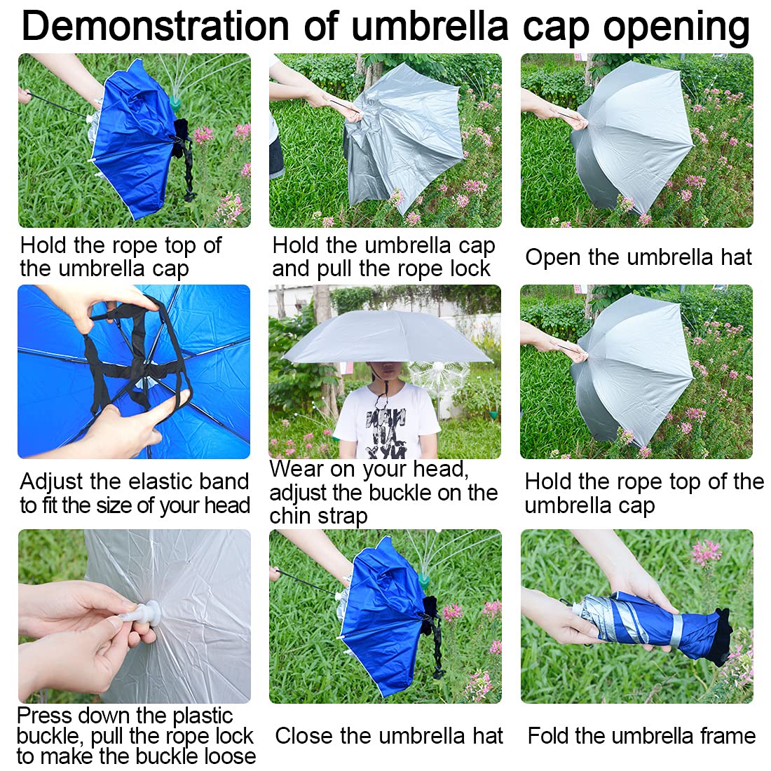 NEW-Vi Fishing Umbrella Hat Folding Sun Rain Cap Adjustable Multifunction Outdoor Headwear (Silver/Blue(Single layer))