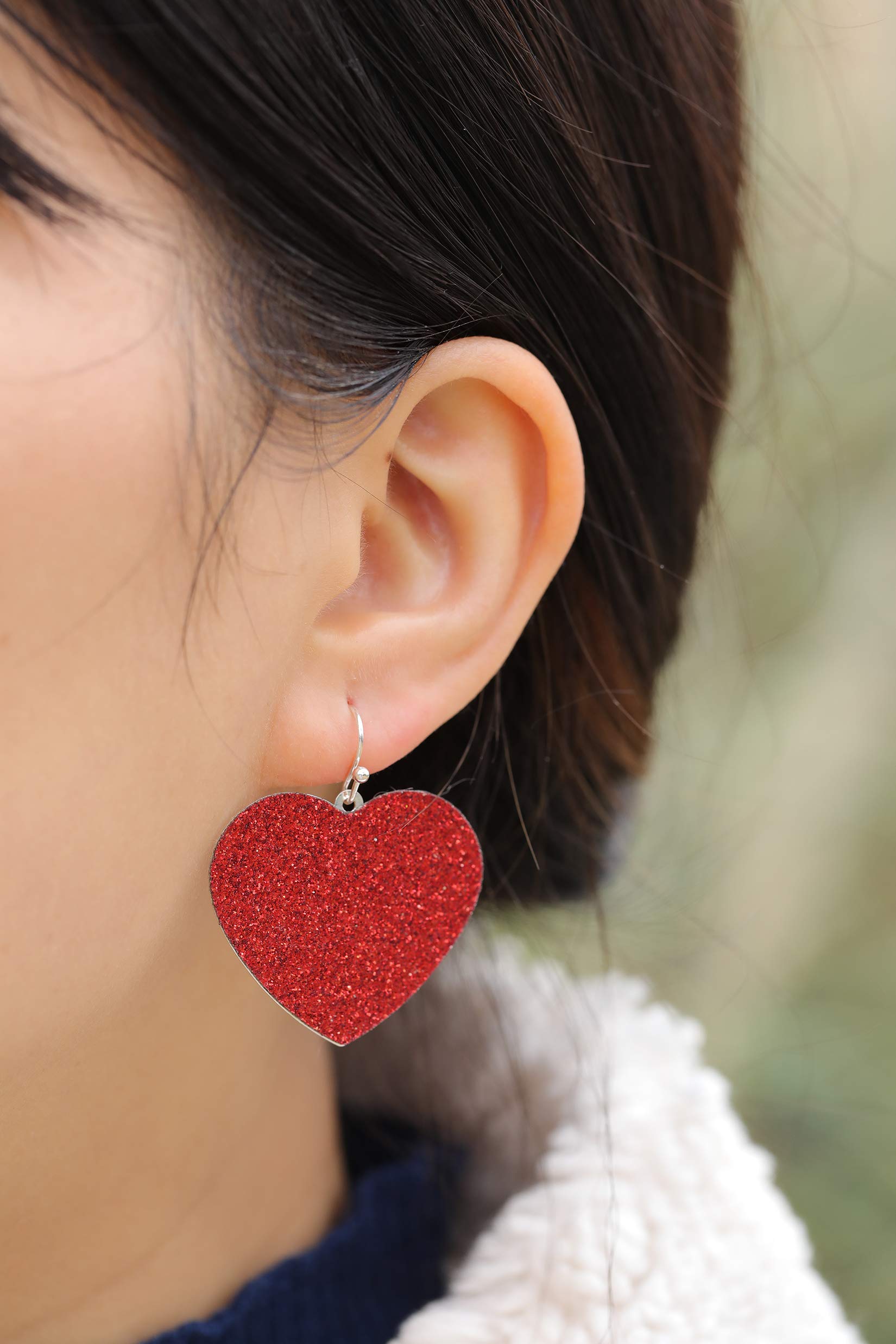 RareLove Valentines Gifts Bling Red Heart Hook Dangle Earrings Statement Jewelry For Women Silver Alloy Plated