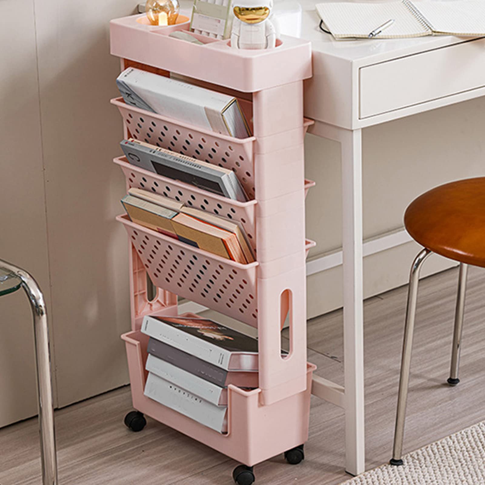 Movable Bookshelf, Slide Out Rolling Utility Cart, Movable Bookshelf Shelving Organizer, Multilayer Capacity Rotatable Removable Plastic Practical Rolling Organization Shelf with Wheel(Pink)