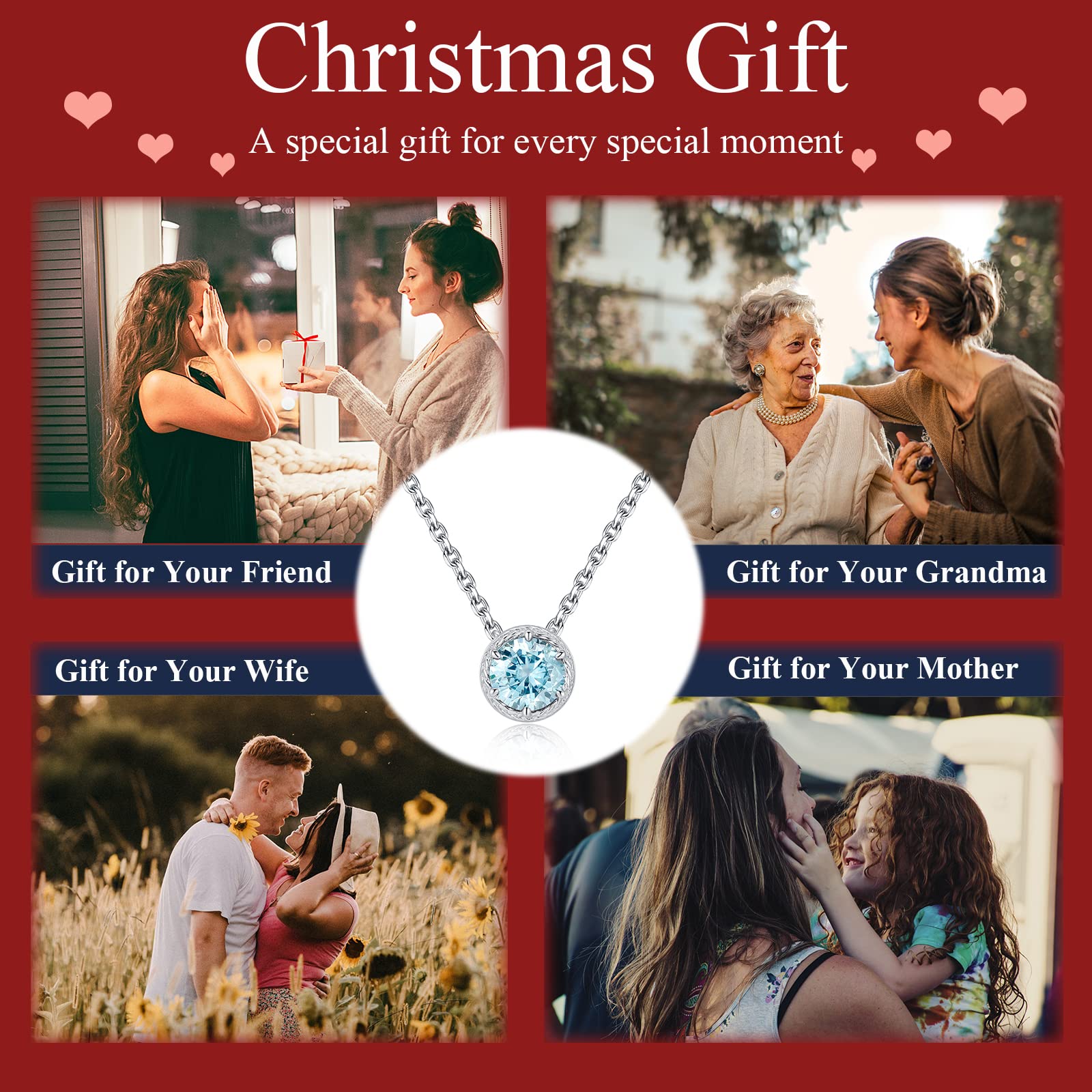 Presentski March Birthstone Necklace White Gold for Mom Women Sterling Silver CZ Blue Pendant Necklaces