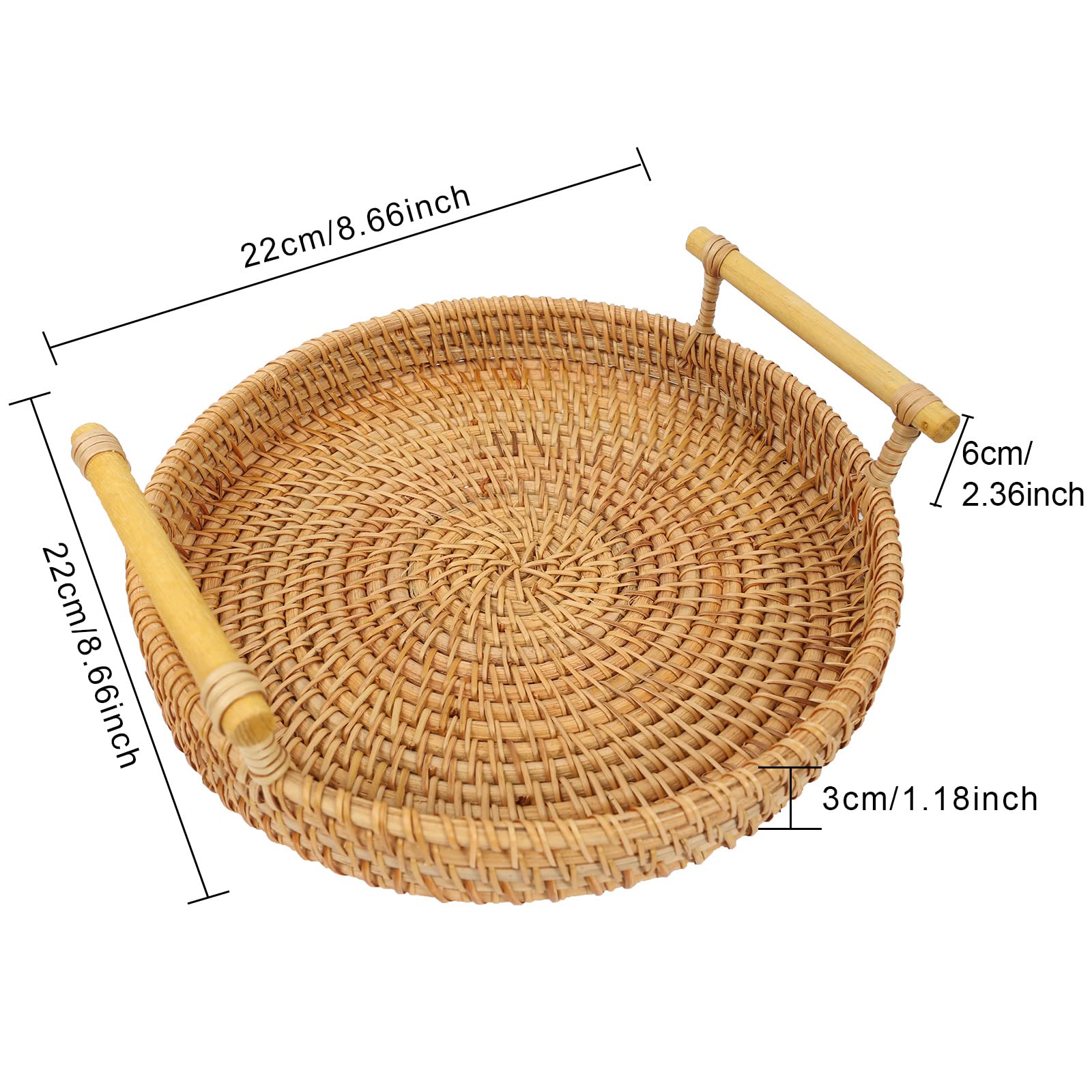 Round Rattan Coffee Table Tray with Handles - Woven Basket Food Decorative Tray ,Handmade Rattan Serving Tray with Handles ,Adorable Natural Bamboo Tray for Ottoman Coffee Table (Small/8.7 inch)