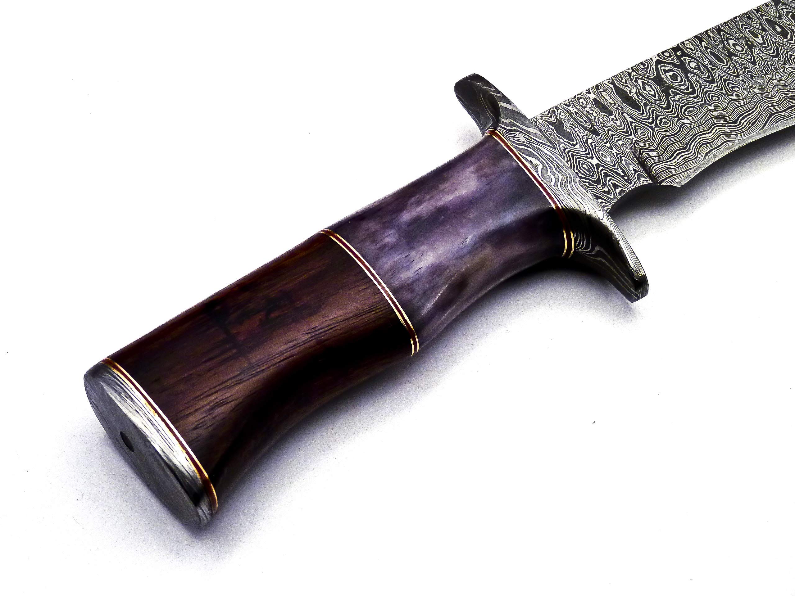 Nooraki BK-42 Handmade Damascus Steel Fixed Blade Bowie Knife with Leather Sheath, Full Tang Multipurpose Knife with Solid Marindi Wood and Bull Horn Bone Handle for Outdoor Use, 15", B/White