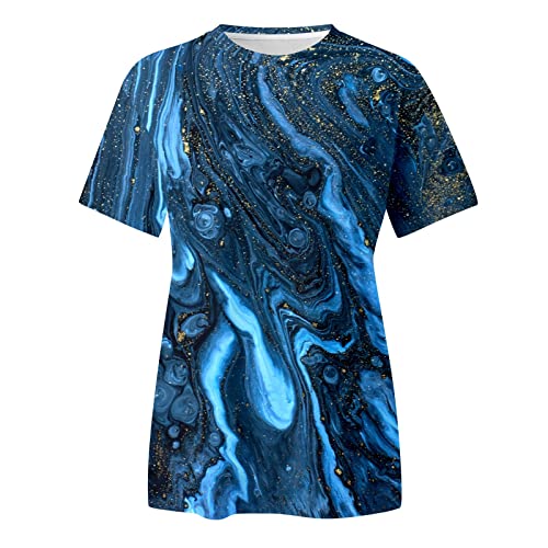 Womens Spring Summer Flower Printed Short Sleeve O Neck T Shirt Top Dark Blue