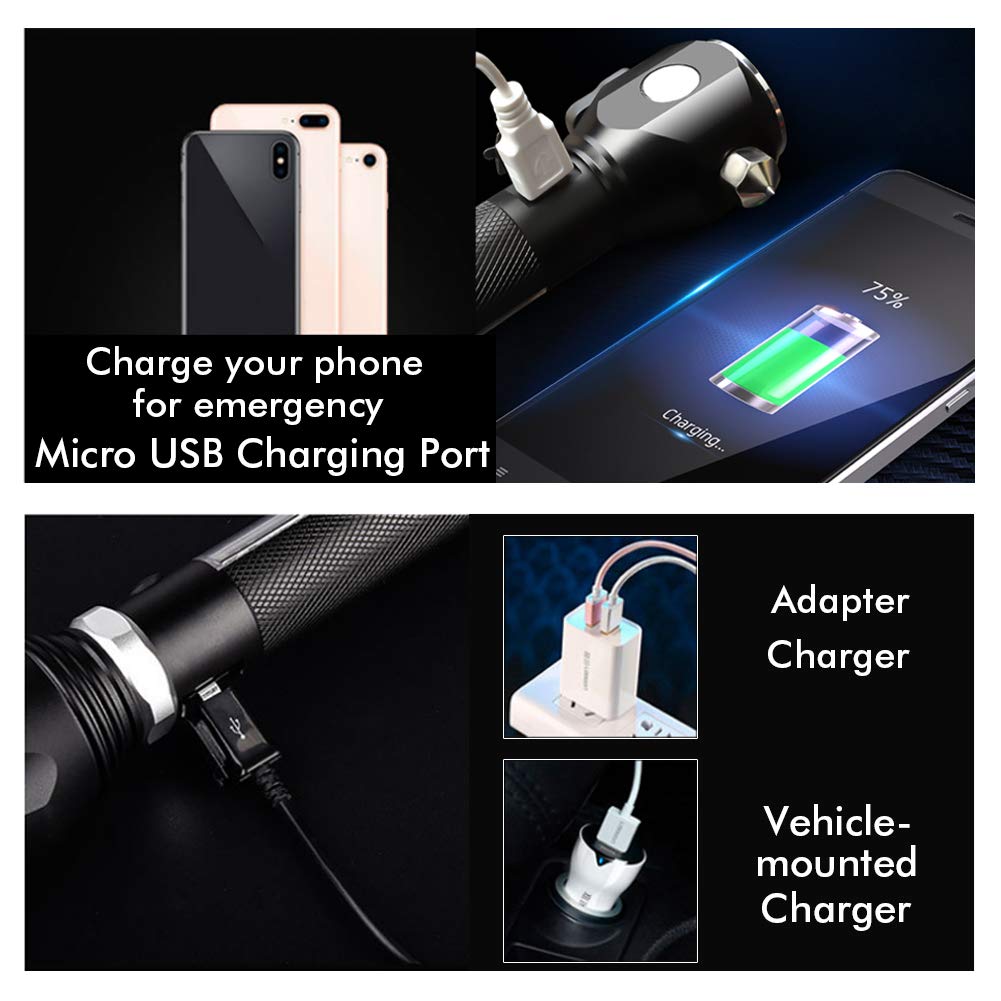 Serjur 8 in 1 Multi Function Flash Light,USB Rechargeable Solar Powered Flashlight with Glass Breaker,Seatbelt Cutter,Alarm and Phone Charger, Car LED Tactical Flashlight for Emergencies