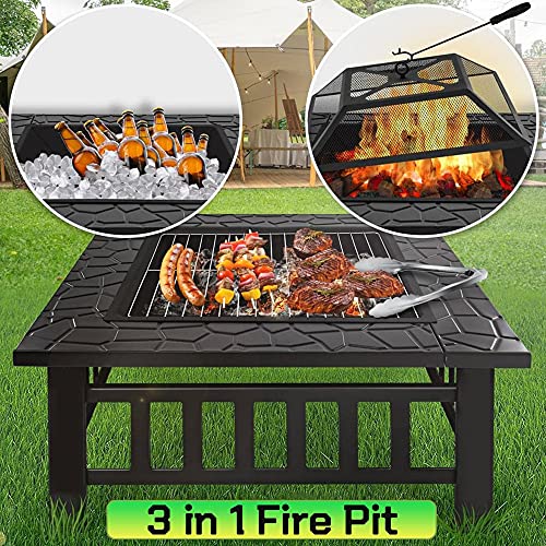 Multifunction Fire Pit Table w/Spark Screen, Fireplace Poker, Grate, Outdoor Fire Pits BBQ Bowl, Square Metal Firepit Table for Backyard Patio Bonfire Garden