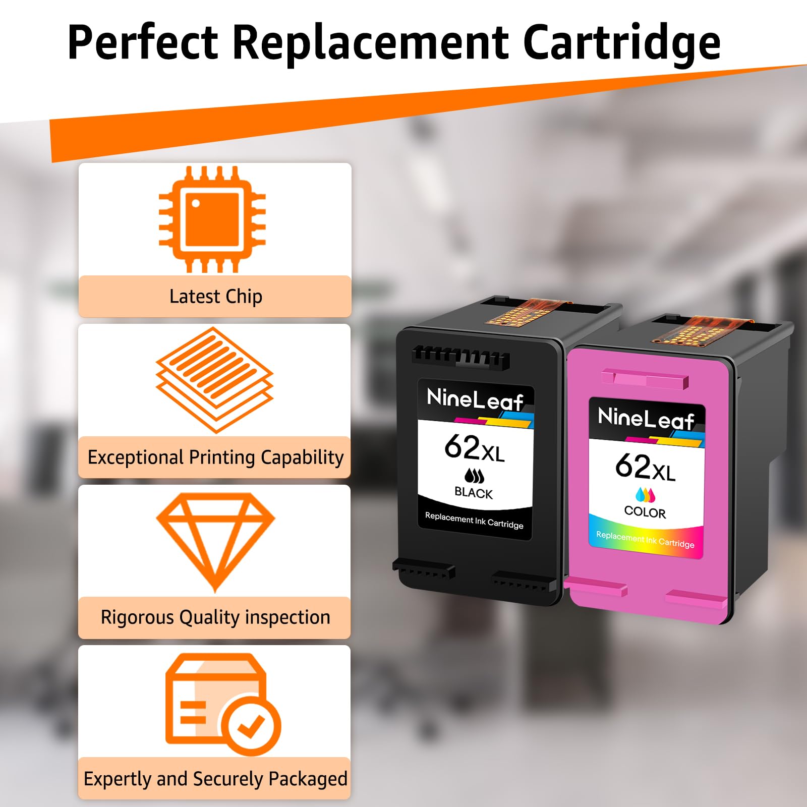 NineLeaf 3 Pack Remanufactured Ink Cartridge Replacement for HP 62XL 62 XL use in Envy 5540 5640 5660 7644 7645 OfficeJet 5740 8040 OfficeJet 200 250 Series Inkjet Printer(2 Black 1 Tri-Color