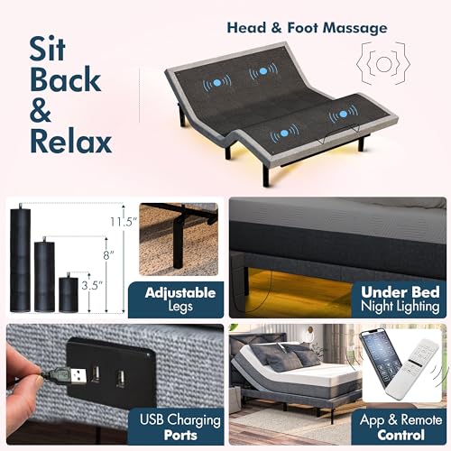 Renanim Adjustable King Bed Frame with Remote - Electric Dual Massage, USB Ports, Under Bed Light, Zero Gravity, App Control, Anti Snore, Head/Foot Incline β King Adjustable Bed Base
