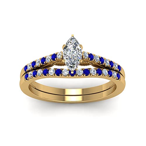 View In Different Gemstone's yellow gold plated Created Blue Sapphire Marquise shape Blue color Wedding Ring Sets prong Setting in Size 13.5 Handcraft Chakra Healing GPR-D182-MARQUISE-CBS-13.5