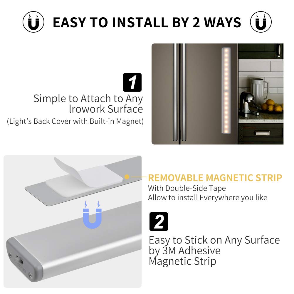 Motion Sensor Cabinet Light,Under Counter Closet Lighting, Wireless USB Rechargeable Kitchen 18 LED Warm Lights,Battery Powered Operated Light, Stick On Lights for Wardrobe,Cabinet,Cupboard (2Pack)