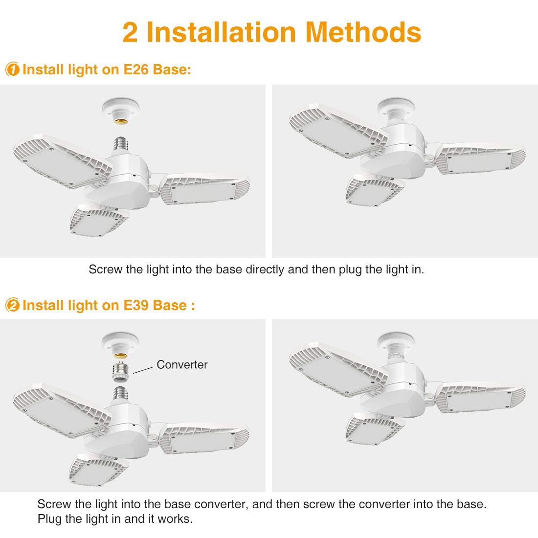 Onforu 100W LED Garage Light, 11000LM Deformable Led Garage Ceiling Lights, E26 Screw in Triple LED Light for Garage with Three Leaf, 5000K Daylight, for Basement, Workshop, Warehouse