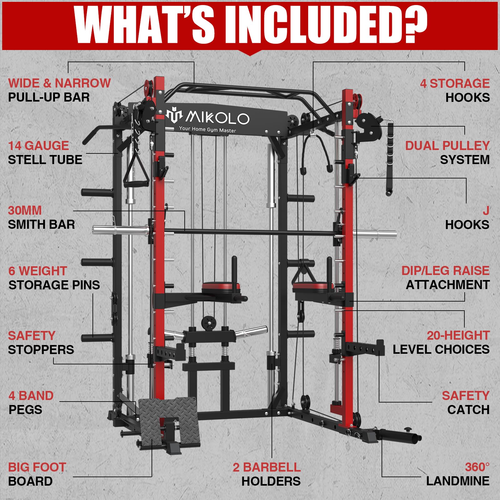 Mikolo Smith Machine, 2000LBS Multifunctional Squat Rack with LAT Pull Down System&Cable Crossover Machine for Home Gym, Power Cage with Dip/Leg Raise Attachments, Free Handles, Band Pegs(Red)