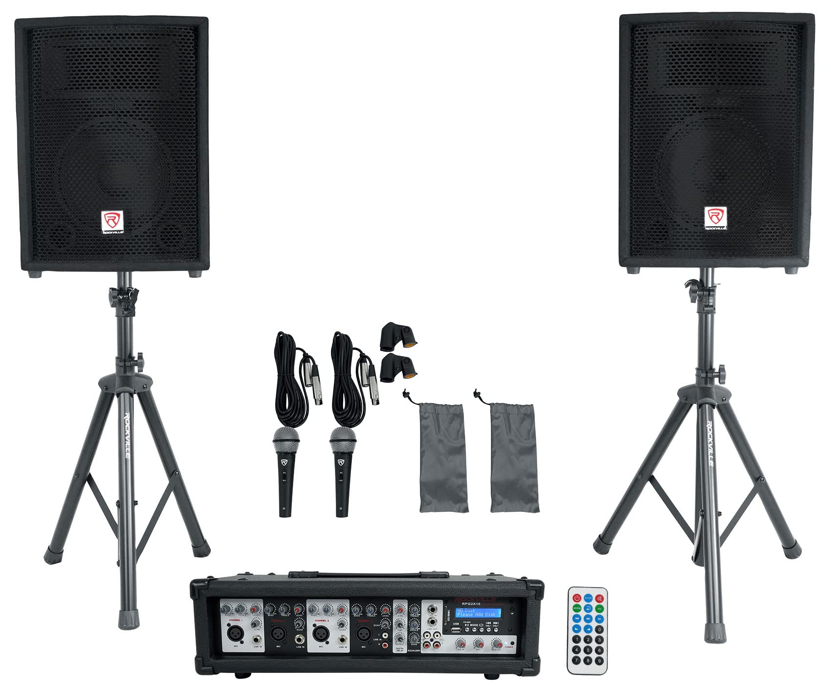 Rockville Package PA System Mixer/Amp+10" Speakers+Stands+Mics+Bluetooth, (RPG2X10)