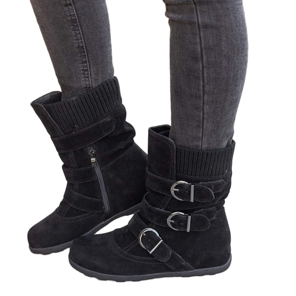 NOLDARES Boots for Women Winter Round-Toe Buckle Strap Zipper Boots Flats Low-Heeled Western Combat Mid Calf Boots Black, 9