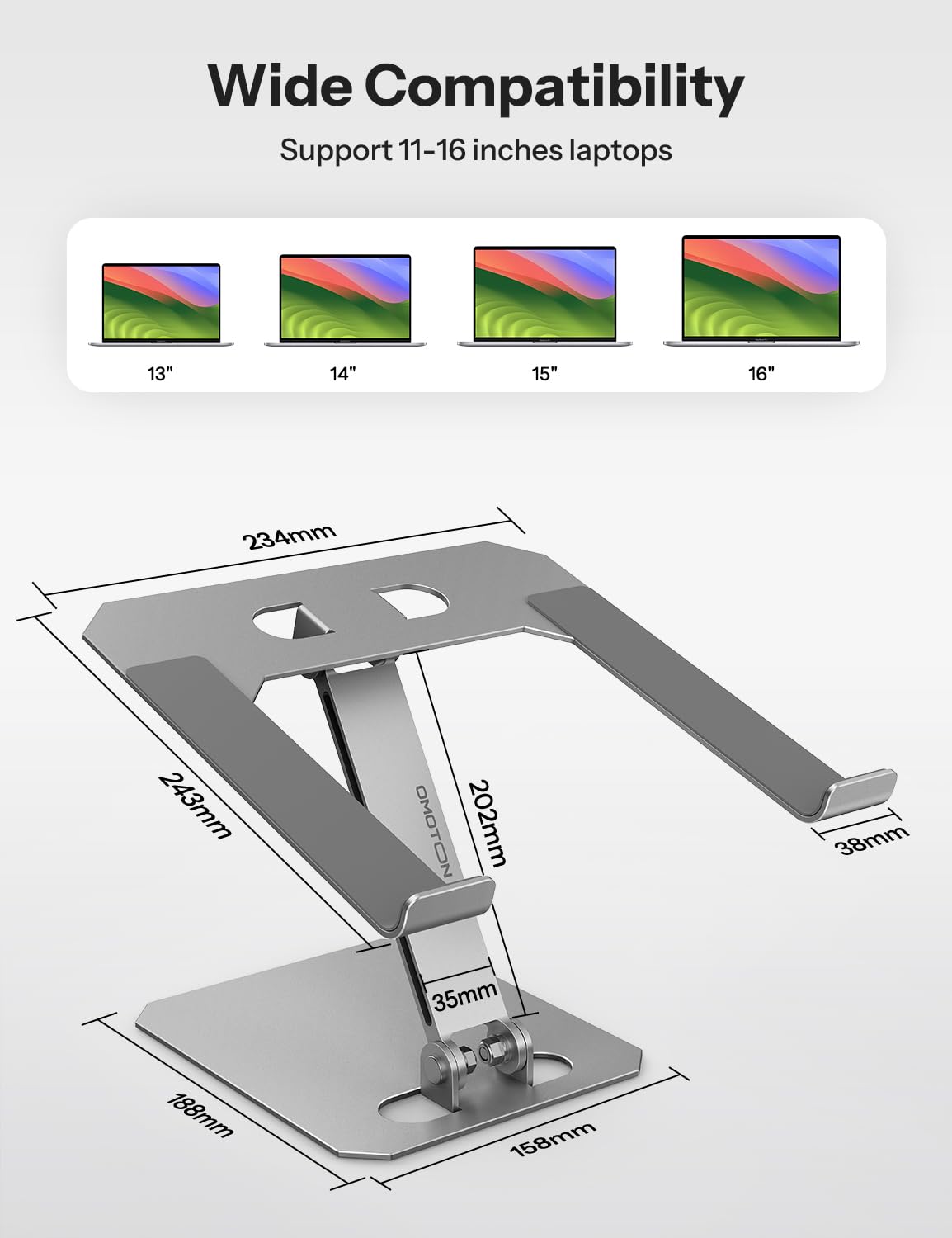 OMOTON Laptop Stand for Desk, Ergonomic Adjustable Computer Stand Aluminum Portable Desktop Laptop Riser Holder for MacBook Air Pro, Dell, HP and All Tablets Up to 15.6", Dark Silver