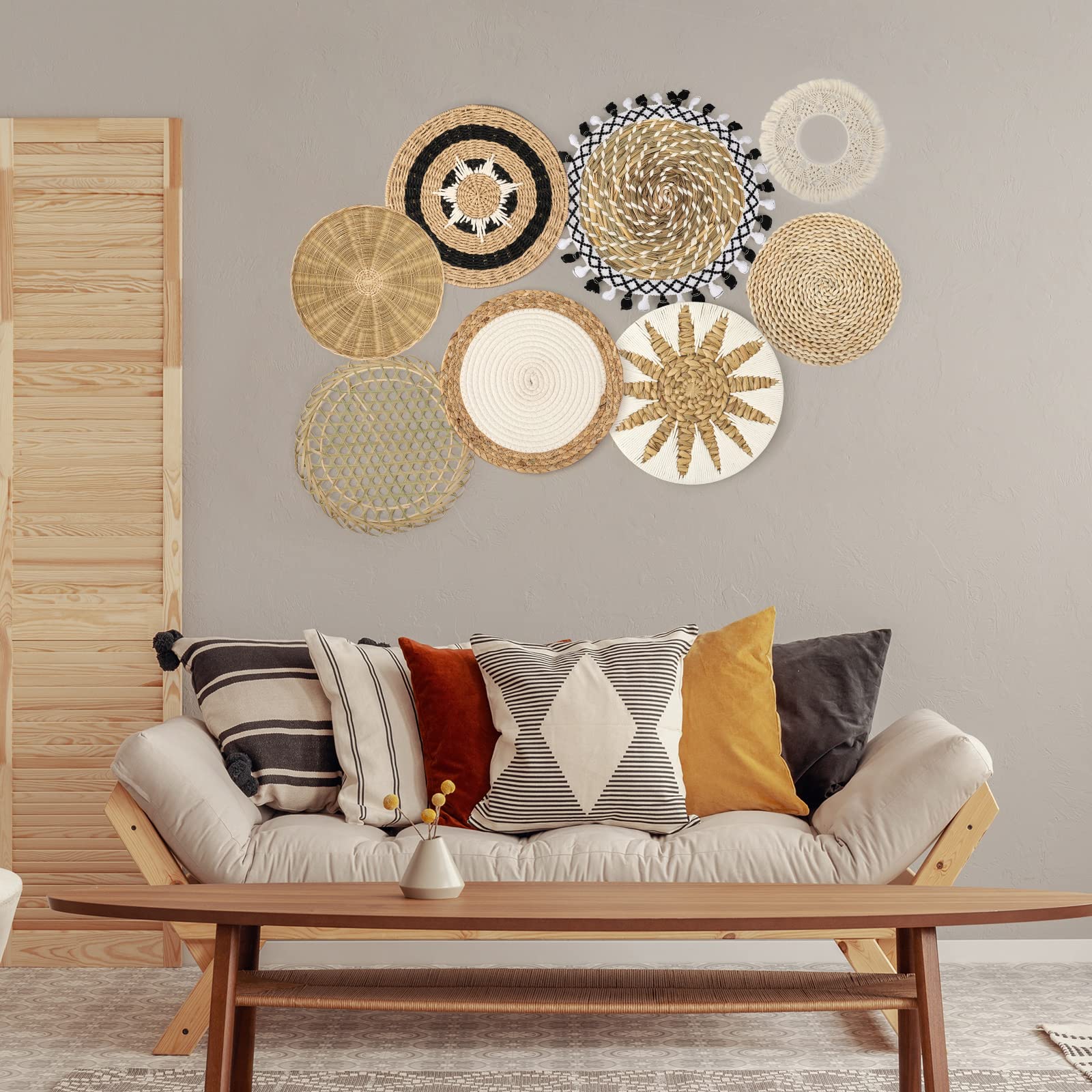 Set of 8 Wall Basket Decor Boho Wall Hanging Decor Rattan Wall Decor Flat Round Wicker Woven Macrame Tassels Tapestry Bamboo Wall Basket Serving Tray Art Handmade Set for Room Bedroom Living Room