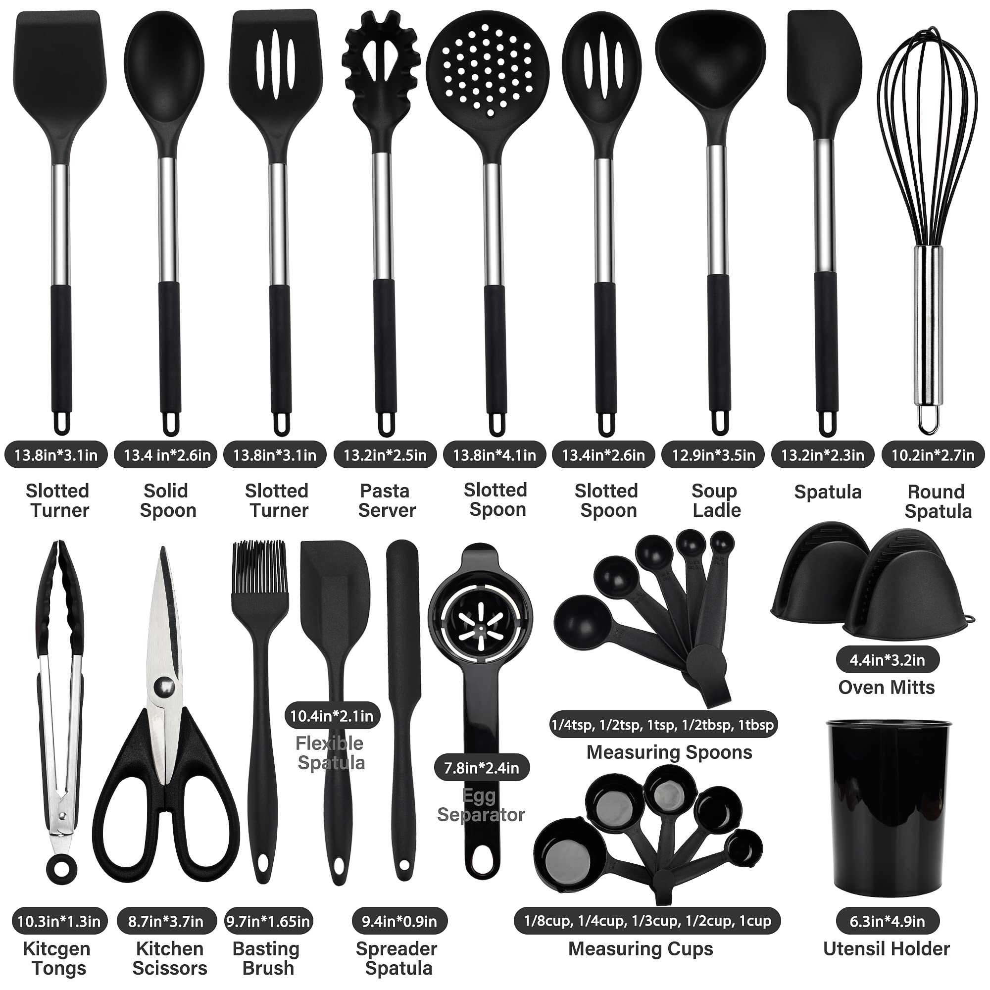 NCUE Cooking Utensils Set, 28 Pcs Silicone Kitchen Utensils Set with Holder, Silicone Whisk, Spatulas, Scissors, Measuring Cups and Spoons Set with Stainless Steel Handle Kitchen Gadgets (Black)