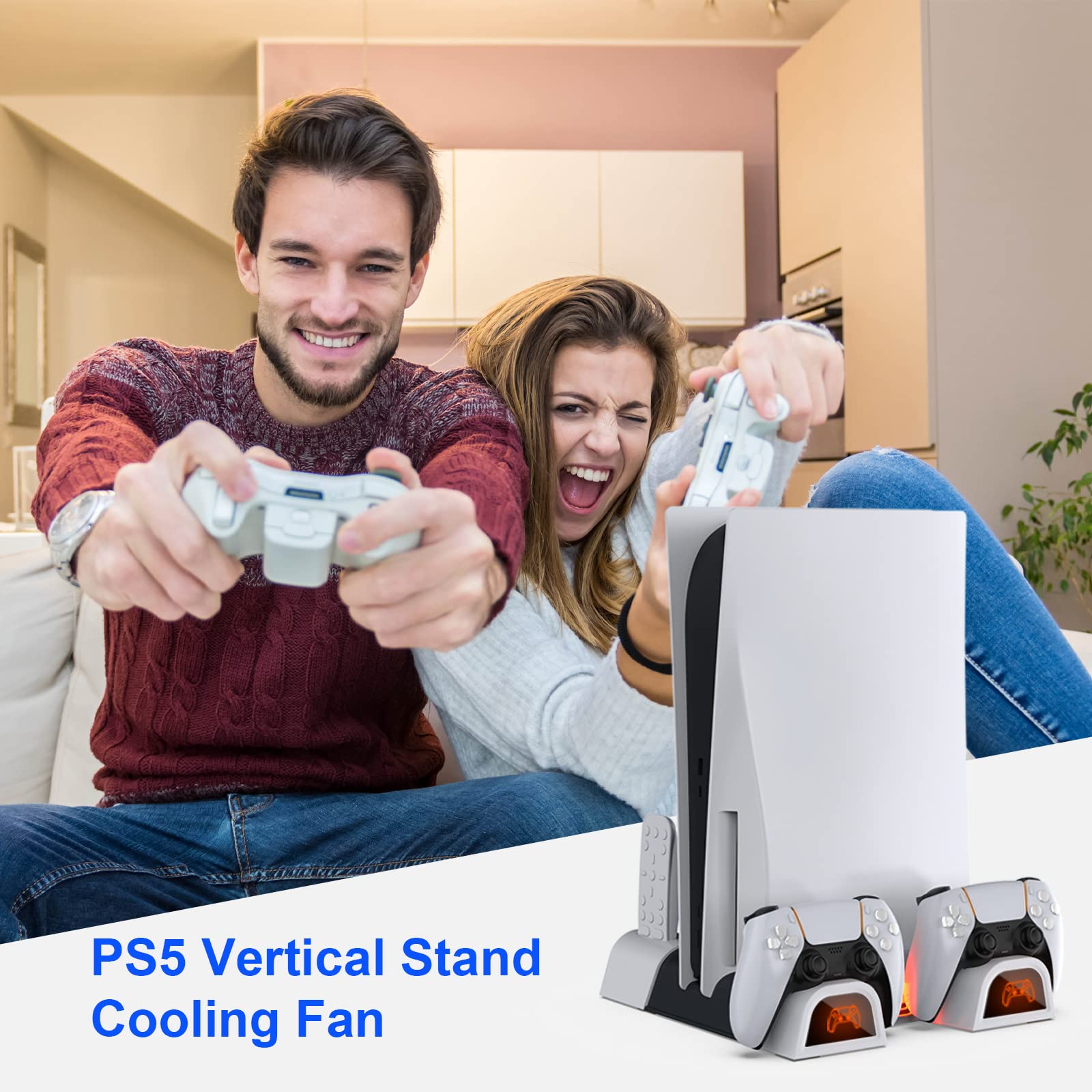 SOULION PS5 Stand with Suction Cooling Fan and Dual Controller Charger Station, Vertical Charging Dock Accessories for PS5 Console, 10 Game Slots and 2 in 1 Cable for PS5 Digital & Disc Edition, White