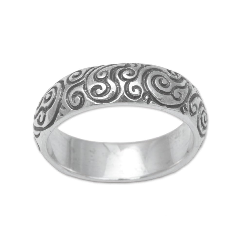NOVICA Artisan Handmade Sterling Silver Band Ring 925 Swirling Fern from Indonesia No Stone [band Width 5 mm W] ' Destiny Engraved'