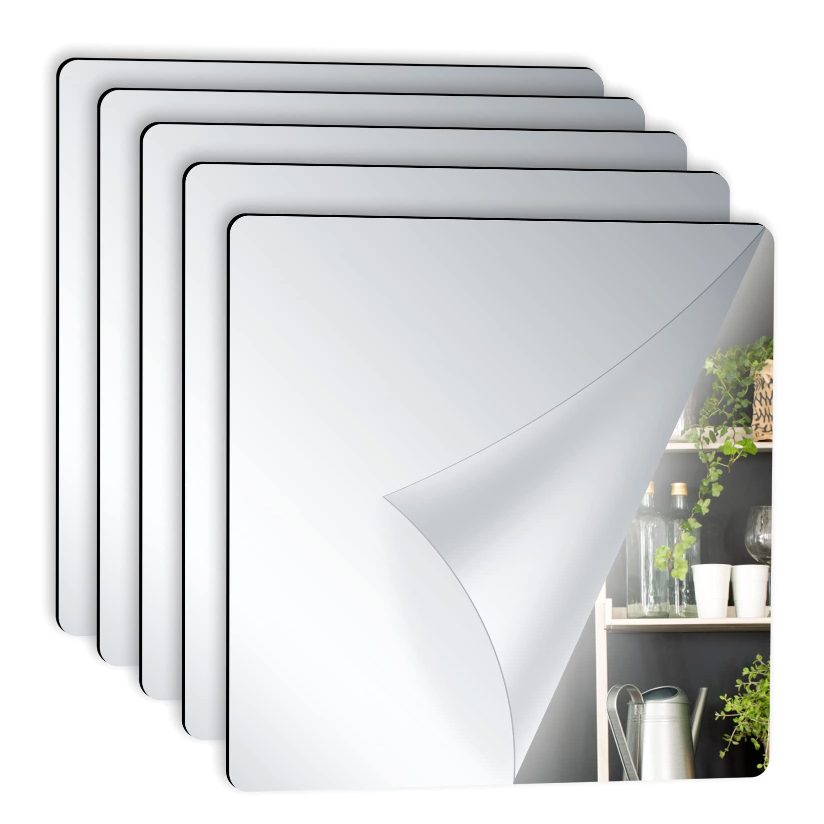 YOUYIDUN 5Pcs Self Adhesive Acrylic Mirror, Wall Mounted, Square, 8 x 8 Inch, Non-Glass Sticky Mirror Tiles for Bathroom Home Decor