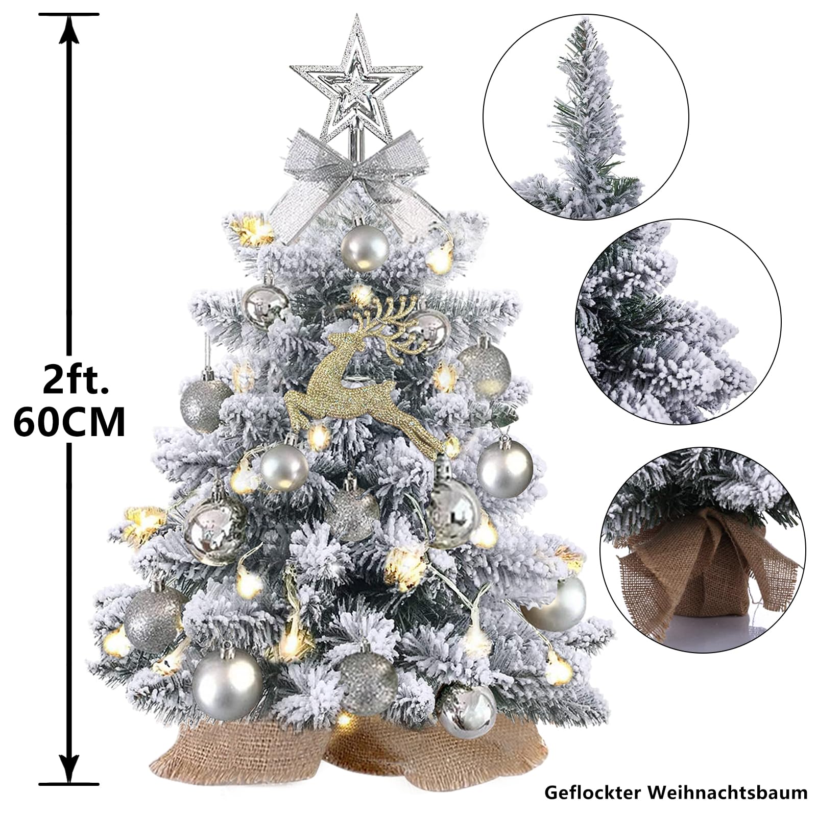 Mini Christmas Tree with Lights,24In/2ft Snow Flocked Pre-lit Tabletop Christmas Tree with 19 Decorations,Artificial Small Christmas Tree -for Table Desk Home Christmas DIY Decor
