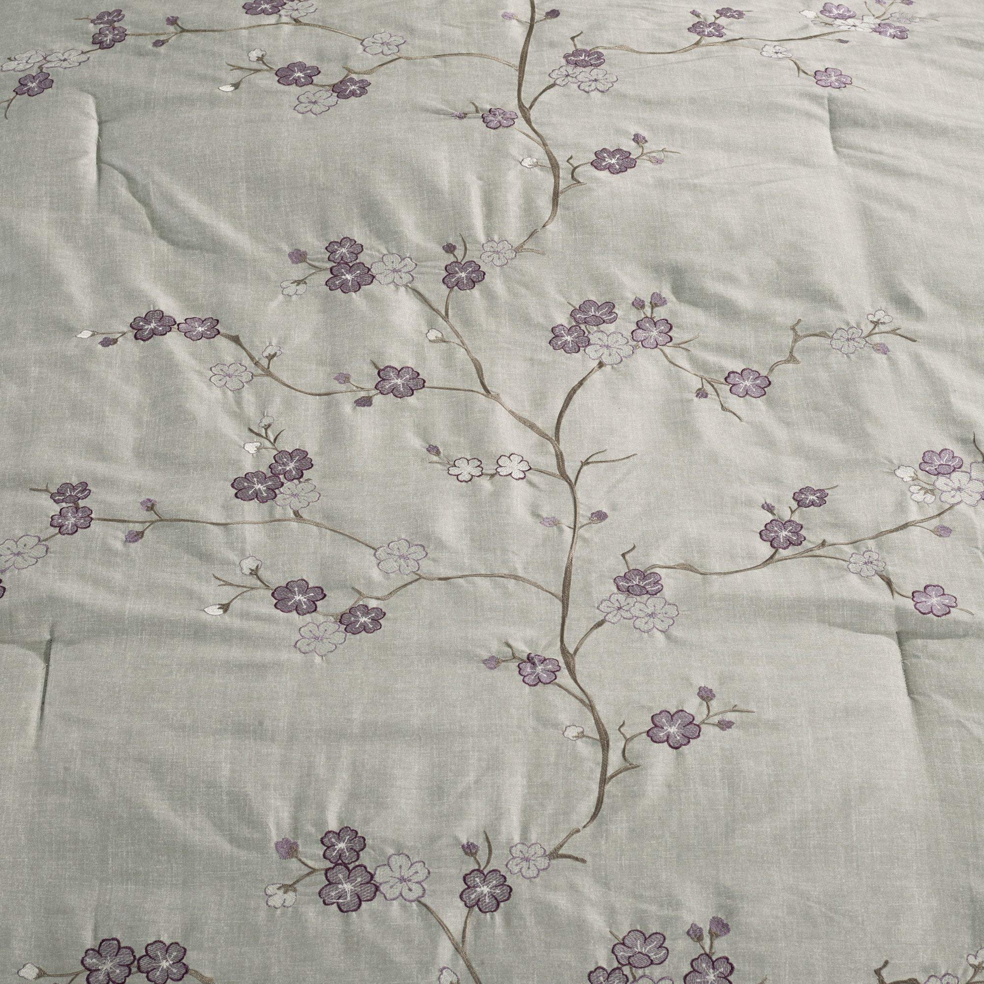 Miki 7-Piece Luxury Purple Cherry Blossoms Floral Embroidery Bedding Comforter Set Queen Size