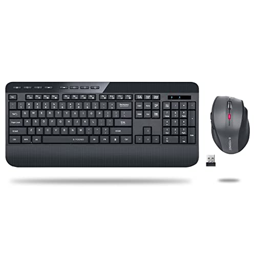 Wireless Keyboard and Mouse Combo, E-YOOSO 18 Months Battery Life Cordless Keyboard, 2.4G Full-Sized Ergonomic Keyboard with Wrist Rest, 3-Level DPI Mouse, Black Quiet Keyboard for Computer, Mac, PC