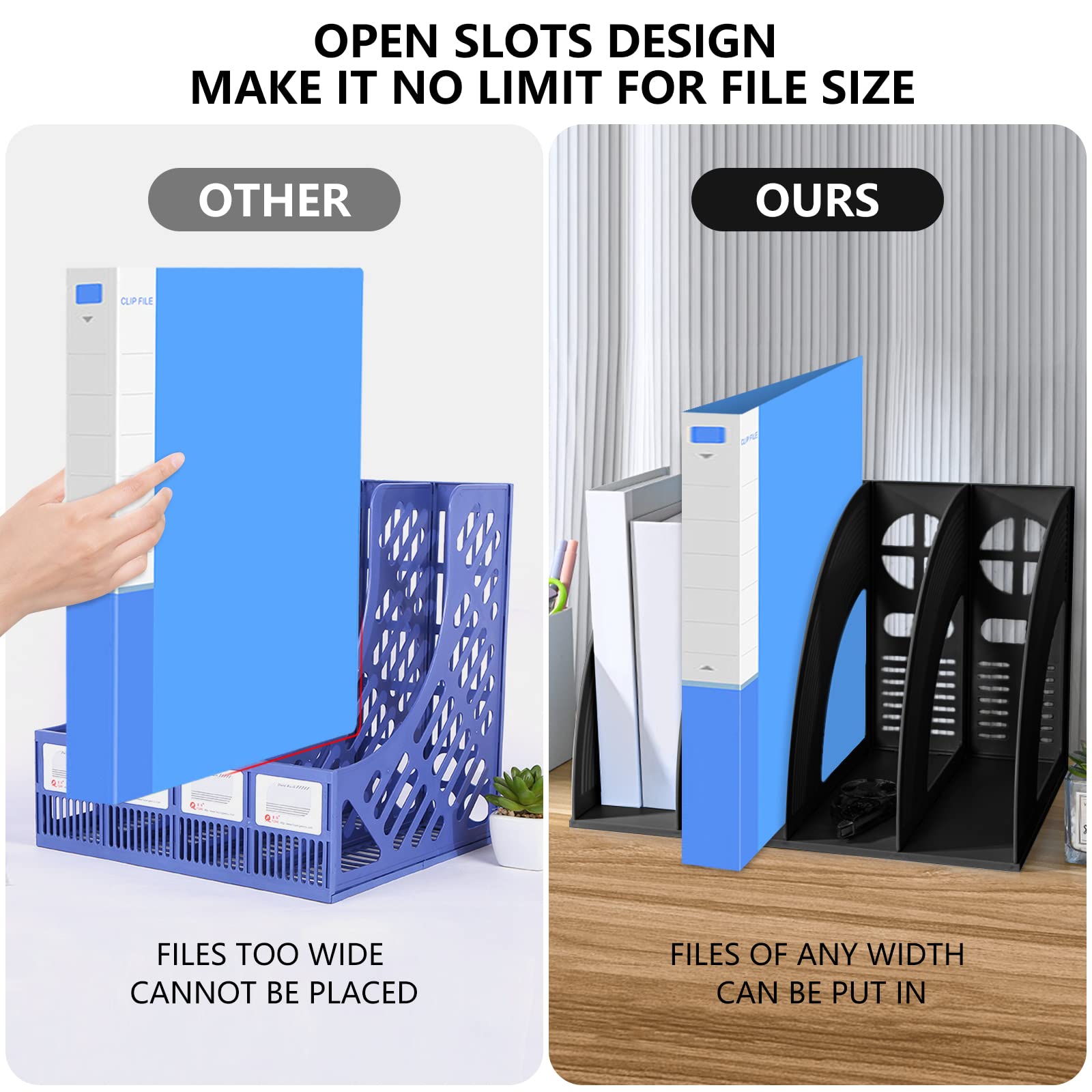 SAYEEC File Holder Storage Folder 4 Compartment Standing Desktop Hollow Organizer Black File Shelf Frame Thicken Plastic Paper Notebook Magazine Bookstore for Office School Supplier Students