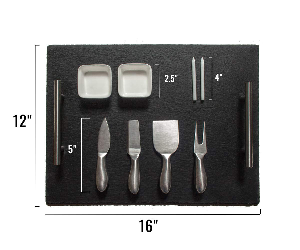 Slate Cheese Board Set with Handles | 9 pcs - 12" x 16" Serving Tray, Stainless Steel Cheese Knife Set with Ceramic Bowls + Soapstone Chalk