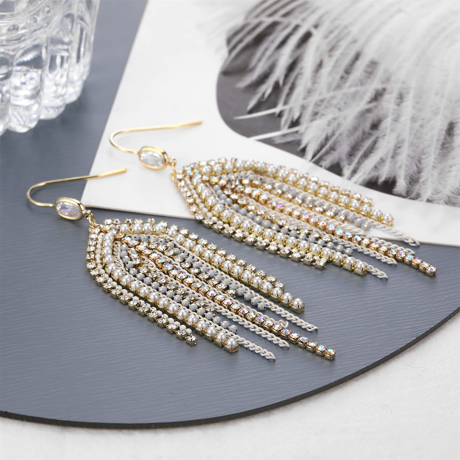 UTTMO Women's White Rhinestone Dangling Earrings, Brass, 3 inch