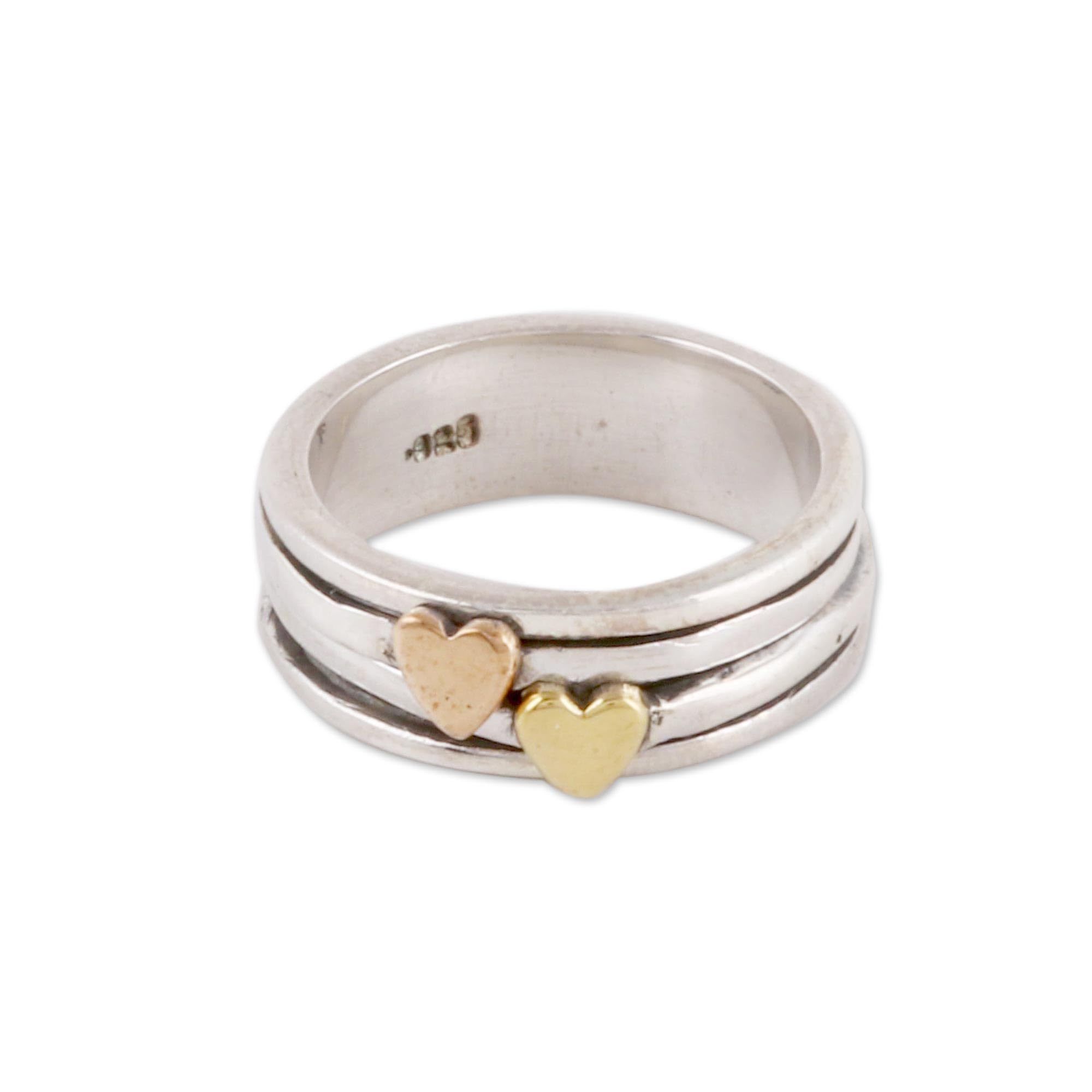 NOVICA Artisan handmade sterling silver spinner ring heart motif brass no stone band meditation india [Band width 6 mm W] ' traveling hearts'