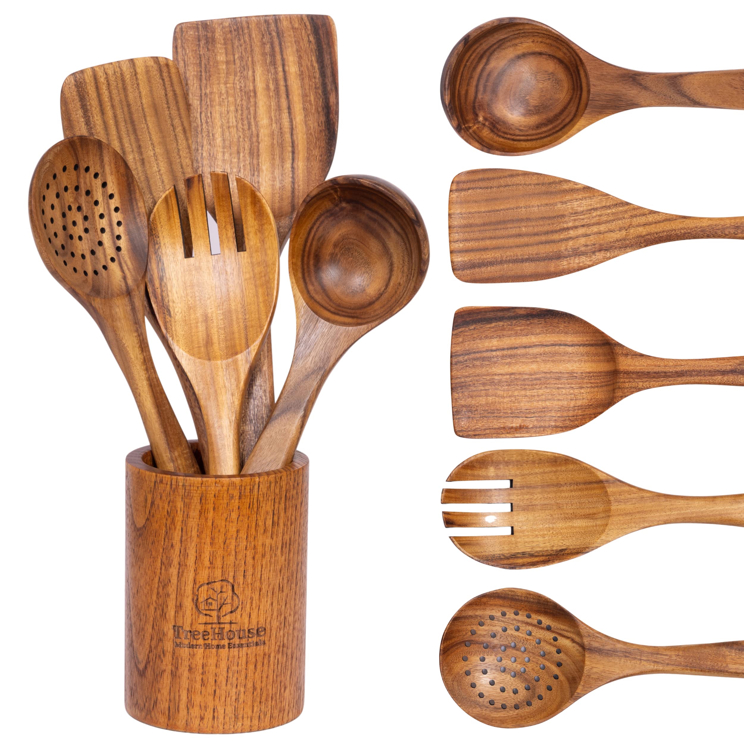 Natural Teak Wood Kitchen Gadgets use for Cooking Utensils Set, 6-Piece Wooden Spoons and Spatula with Holder, Nonstick and Healthy Kitchen Cookware for Comfortable Cooking Experience.