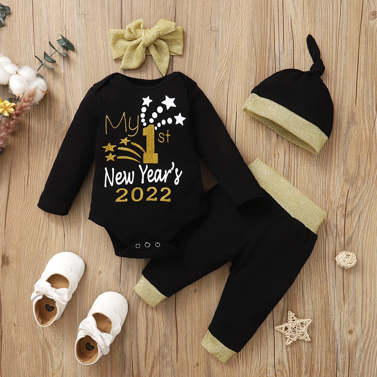 Shalofer 4Pcs Outfit Set Baby Boy Girl My First New Year Romper (Black-2022,12-18 Months)