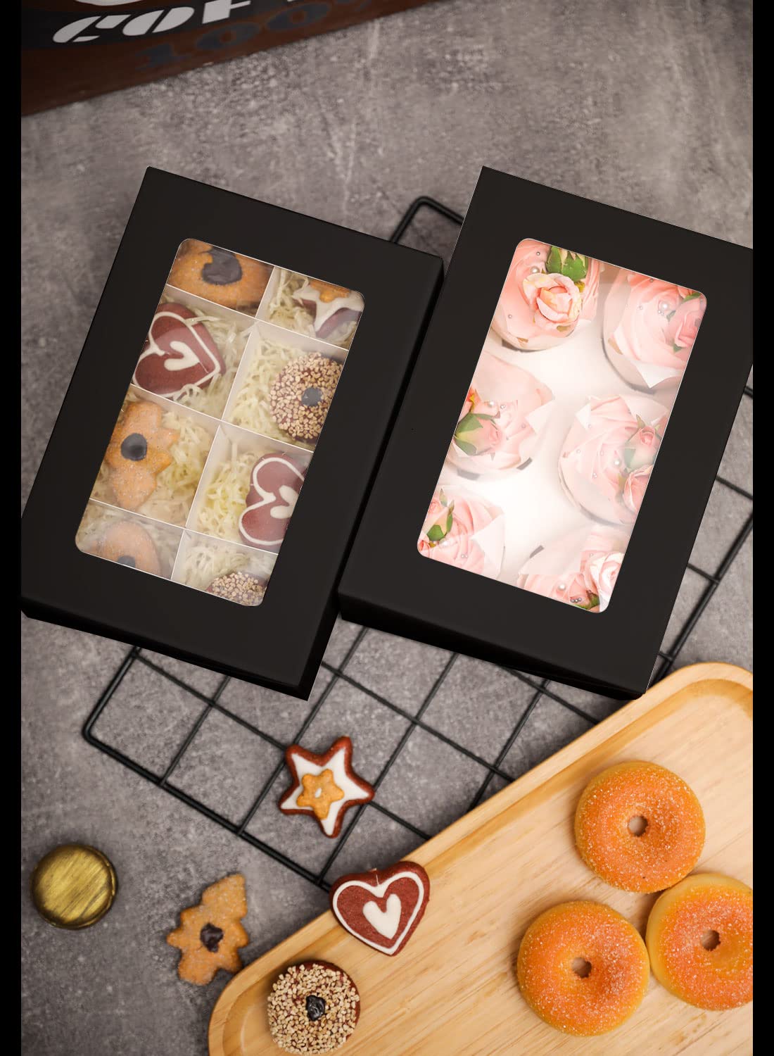 qiqee Black 6 Cupcake Boxes with Window Auto-pop up 30 Packs Cupcake Box 9"x6.1"x3.3" Bakery Boxes For Cupcakes Carrier, Cupcake Containers