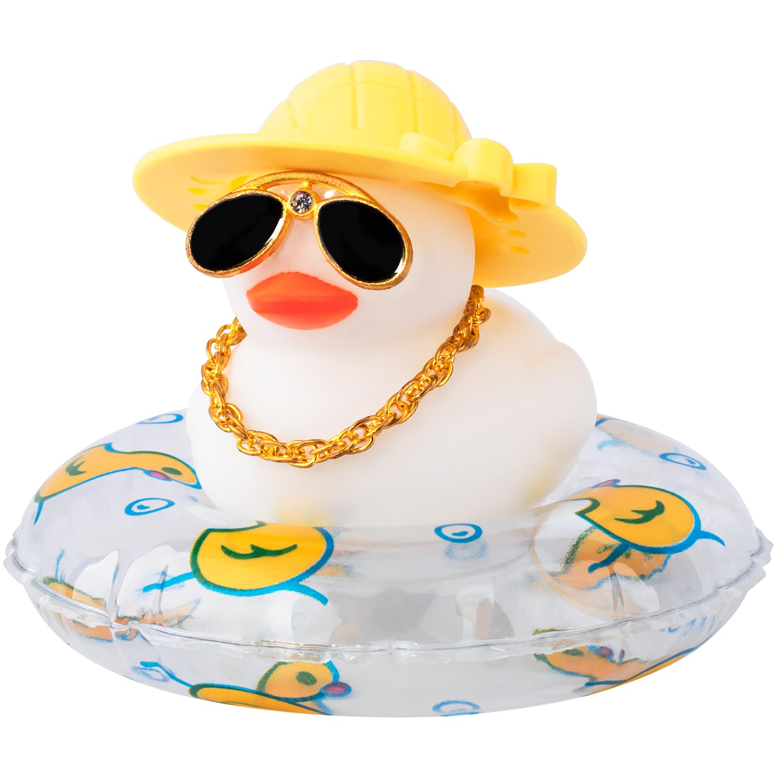 wonuu Diamond Glasses White Ducks Swim Ring Rubber Ducks with Mini Hat Necklace for Cars Dashboard Decorations Car Ornaments Duck Car Accessories