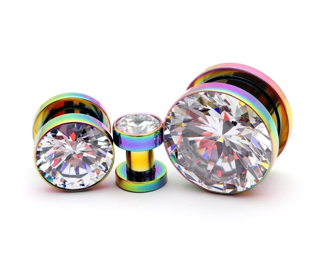 Mystic Metals Body Jewelry 316L Rainbow Stainless Steel Screw on Plugs with Single Press Fit Clear CZ gauges (PS-127) - Sold as a pair (6g (4mm))